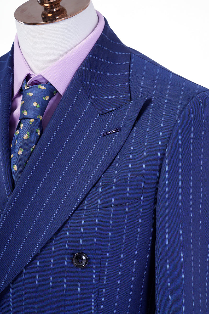 Double Breasted Blue Pinstripe, Peak Lapels – Elegant Suits